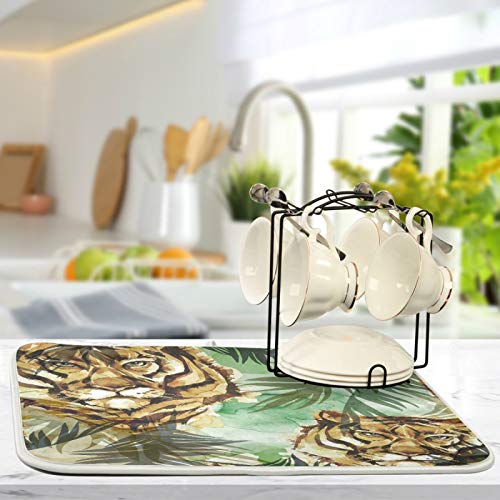 Tropical Leaves Tiger Dish Drying Mat 16"x18" Absorbent Machine Washable Hanging Fast Dry Pad Dish Protective Mat for Kitchen Countertop Heat Resistant Dinner Table Mat