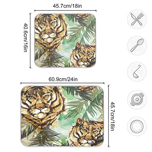 Tropical Leaves Tiger Dish Drying Mat 16"x18" Absorbent Machine Washable Hanging Fast Dry Pad Dish Protective Mat for Kitchen Countertop Heat Resistant Dinner Table Mat