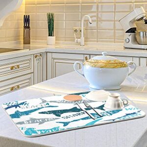 Animal Shark Ocean Dish Drying Mat 16"x18" Absorbent Machine Washable Hanging Fast Dry Pad Dish Protective Mat for Kitchen Countertop Heat Resistant Dinner Table Mat