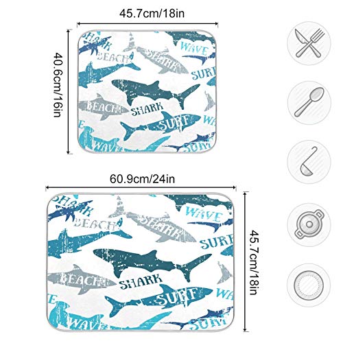 Animal Shark Ocean Dish Drying Mat 16"x18" Absorbent Machine Washable Hanging Fast Dry Pad Dish Protective Mat for Kitchen Countertop Heat Resistant Dinner Table Mat