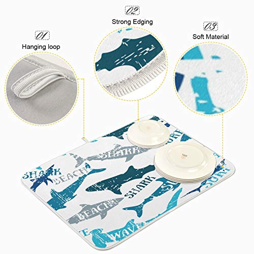 Animal Shark Ocean Dish Drying Mat 16"x18" Absorbent Machine Washable Hanging Fast Dry Pad Dish Protective Mat for Kitchen Countertop Heat Resistant Dinner Table Mat