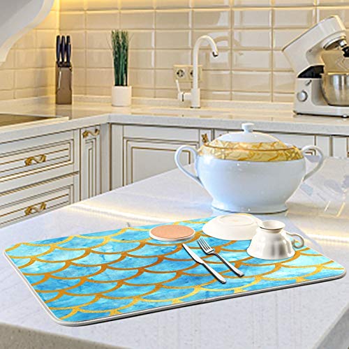 Ocean Mermaid Scales Dish Drying Mat 16"x18" Absorbent Machine Washable Hanging Fast Dry Pad Dish Protective Mat for Kitchen Countertop Heat Resistant Dinner Table Mat