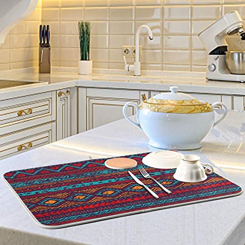 Texture Ethnic Dish Drying Mat 16"x18" Absorbent Machine Washable Hanging Fast Dry Pad Dish Protective Mat for Kitchen Countertop Heat Resistant Dinner Table Mat