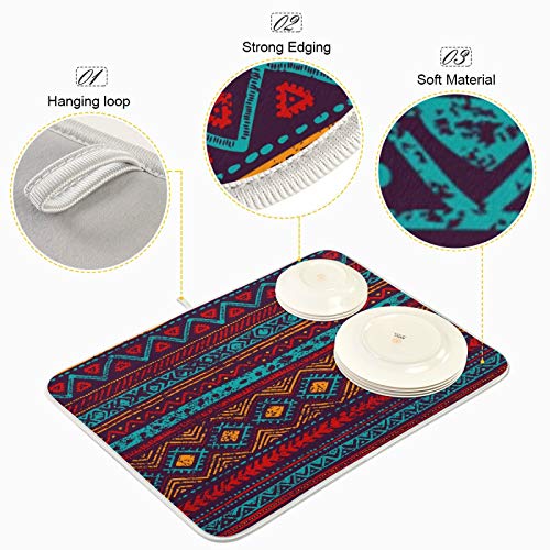 Texture Ethnic Dish Drying Mat 16"x18" Absorbent Machine Washable Hanging Fast Dry Pad Dish Protective Mat for Kitchen Countertop Heat Resistant Dinner Table Mat