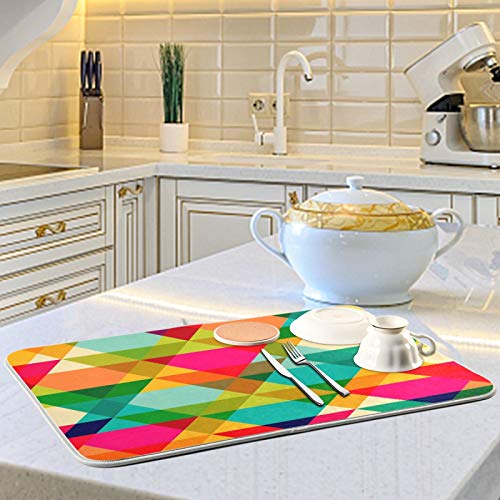 Geometric Colorful Trellis Dish Drying Mat 16"x18" Absorbent Machine Washable Hanging Fast Dry Pad Dish Protective Mat for Kitchen Countertop Heat Resistant Dinner Table Mat