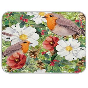 flower tree bird winter art dish drying mat 16"x18" absorbent machine washable hanging fast dry pad dish protective mat for kitchen countertop heat resistant dinner table mat