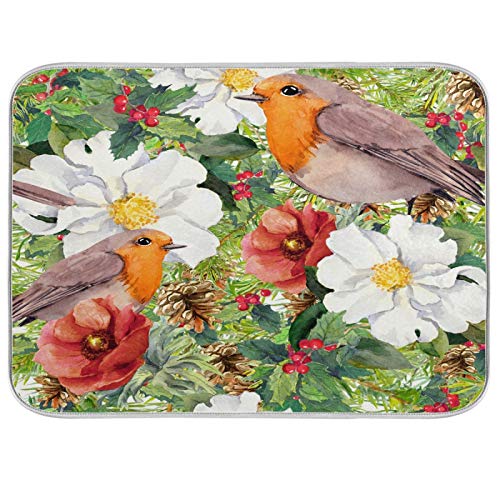 Flower Tree Bird Winter Art Dish Drying Mat 16"x18" Absorbent Machine Washable Hanging Fast Dry Pad Dish Protective Mat for Kitchen Countertop Heat Resistant Dinner Table Mat