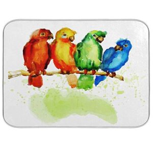 watercolour parrot bird tree dish drying mat 24"x18" absorbent machine washable hanging fast dry pad dish protective mat for kitchen countertop heat resistant dinner table mat