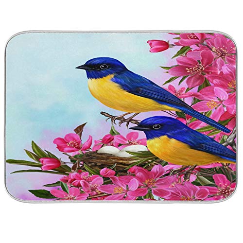 Animal Bird Flower Floral Dish Drying Mat 24"x18" Absorbent Machine Washable Hanging Fast Dry Pad Dish Protective Mat for Kitchen Countertop Heat Resistant Dinner Table Mat