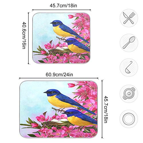 Animal Bird Flower Floral Dish Drying Mat 24"x18" Absorbent Machine Washable Hanging Fast Dry Pad Dish Protective Mat for Kitchen Countertop Heat Resistant Dinner Table Mat