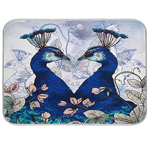 Painting Lovely Heart Peacock Dish Drying Mat 24"x18" Absorbent Machine Washable Hanging Fast Dry Pad Dish Protective Mat for Kitchen Countertop Heat Resistant Dinner Table Mat