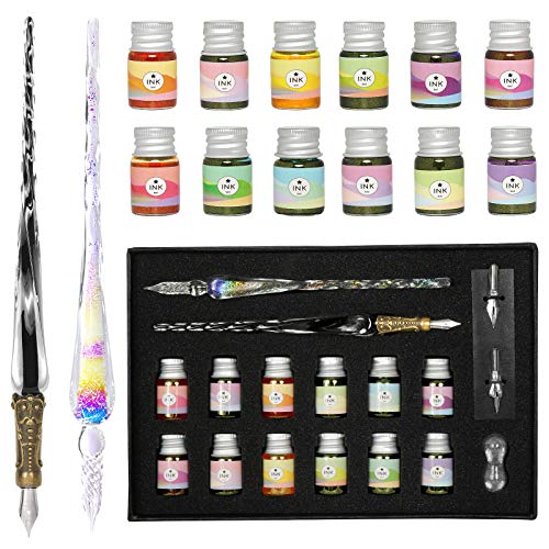 ESSSHOP Calligraphy Glass Dip Pens and Ink Set, 17 Pcs Glittering Rainbow Crystal Pen and Retro Carving Glass Pen, 2 Replacement Nibs, 12 Inks for Signatures, Gift Cards Writing, Calligraphy Beginners