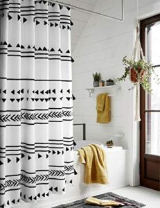 uphome 72x72 boho shower curtain black and white fabric bathroom curtains set with hooks, chic triangle and geometric tassel bath curtain, heavy duty and waterproof for modern hotel decor