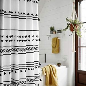 Uphome 72x72 Boho Shower Curtain Black and White Fabric Bathroom Curtains Set with Hooks, Chic Triangle and Geometric Tassel Bath Curtain, Heavy Duty and Waterproof for Modern Hotel Decor