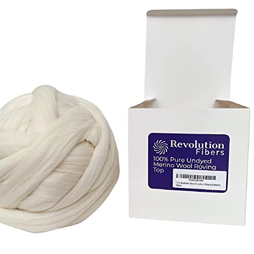 Revolution Fibers Merino Wool Roving 1 lb (16 Ounces) for Spinning | Soft Chunky Jumbo Yarn for Arm Knitting Blanket |100% Natural Undyed (Off-White) Wool Yarn, Felting Core, Carded Stuffing