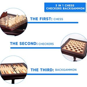 GSE Wooden 3-in-1 Chess Checkers Backgammon Table, Chess Checkers Backgammon Combo Game Set, Wood Chess Table Set for Family Board Games