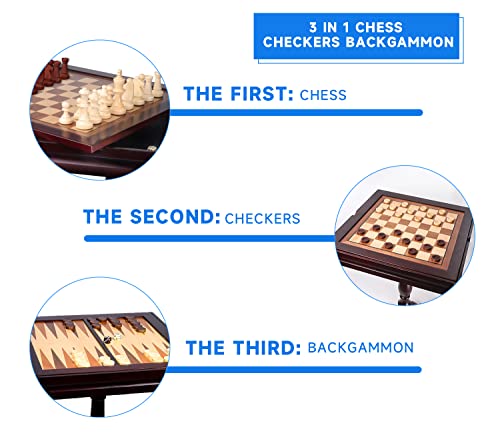 GSE Wooden 3-in-1 Chess Checkers Backgammon Table, Chess Checkers Backgammon Combo Game Set, Wood Chess Table Set for Family Board Games