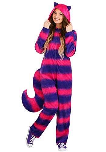 Adult Cheshire Cat One-Piece Womens, Mysterious Grinning Cat Halloween Costume, Purple and Pink Animal Bodysuit Medium