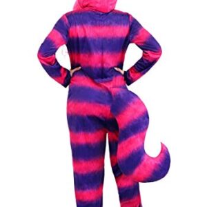 Adult Cheshire Cat One-Piece Womens, Mysterious Grinning Cat Halloween Costume, Purple and Pink Animal Bodysuit Medium