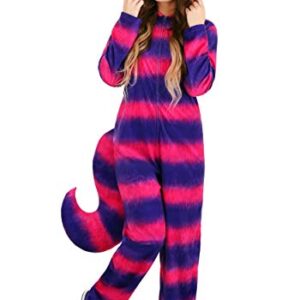 Adult Cheshire Cat One-Piece Womens, Mysterious Grinning Cat Halloween Costume, Purple and Pink Animal Bodysuit Medium