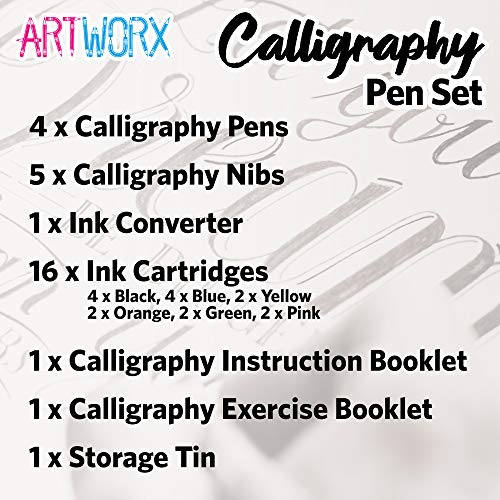 Artworx Calligraphy Pens Set - Introductory Caligraphy Writing & Hand Lettering Kit - Includes Instructions, Guide Book and Practice Book - Calligraphy Set For Beginners