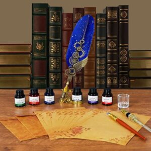 Quill Pen Ink Set-Feather Calligraphy Pen and Ink Set,Includes 6 Bottles of Ink,Quill Pen,Glass Dipping Pen,Wooden Dipping Pen,17 nibs,8 Sheets of Writing Paper,Envelope,Spoon-Blue