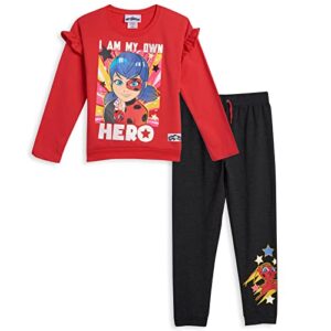 miraculous ladybug big girls ruffled high low t-shirt & french terry pant set 10-12 red/black