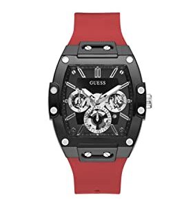 GUESS Mens Casual Multifunction 43mm Watch – Black Polycarbonate Case with Black Skeleton Dial & Red Silicone Strap