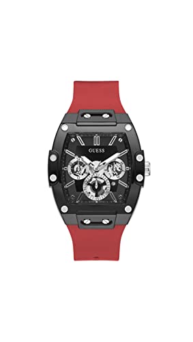 GUESS Mens Casual Multifunction 43mm Watch – Black Polycarbonate Case with Black Skeleton Dial & Red Silicone Strap