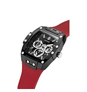 GUESS Mens Casual Multifunction 43mm Watch – Black Polycarbonate Case with Black Skeleton Dial & Red Silicone Strap