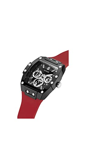 GUESS Mens Casual Multifunction 43mm Watch – Black Polycarbonate Case with Black Skeleton Dial & Red Silicone Strap