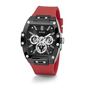 GUESS Mens Casual Multifunction 43mm Watch – Black Polycarbonate Case with Black Skeleton Dial & Red Silicone Strap