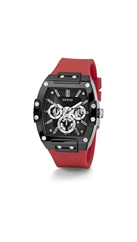 GUESS Mens Casual Multifunction 43mm Watch – Black Polycarbonate Case with Black Skeleton Dial & Red Silicone Strap