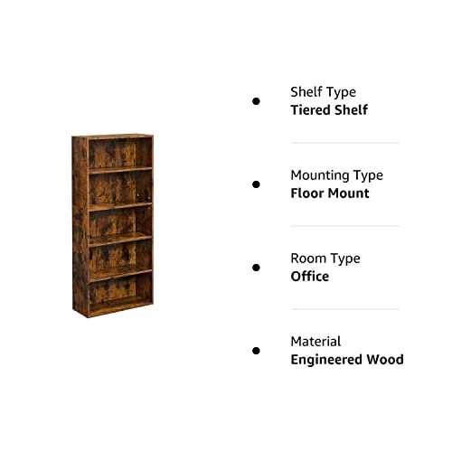 VASAGLE Bookshelf, 5-Tier Open Bookcase with Adjustable Storage Shelves, Floor Standing Unit, Rustic Brown ULBC165X01