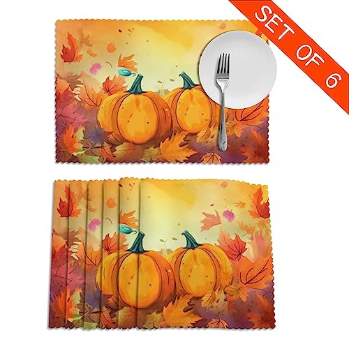 Autumn Fall Sunflowers Pumpkins Butterfly Maple Leaf Thanksgiving Autumn Placemats Set of 6 Washable Non-Slip Wrinkle-Resistance Table Place Mats 12 X 18 Inch for Kitchen Dining Table Decoration