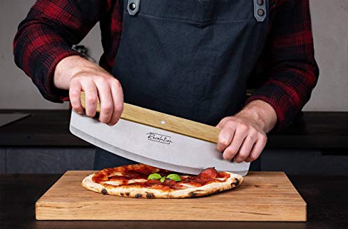 Premium Pizza Cutter Rocker With Wooden Handle & Safe Guard by Revolution Product Sharp Stainless Steel Blade Pizza Slicer Wheel Big Pizza Knife Cutters I Chop and Slices Dough Cake Oven Accessories I