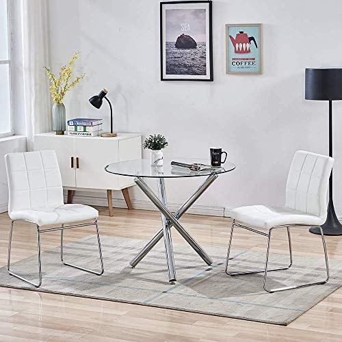 STYLIFING 3 Pieces Dining Room Table Set for 2 Round Clear Tempered Glass Top+2 White Faux Leather Kitchen Dining Room Table and Chairs Set for 2 Person Modern Kitchen & Dining Room Sets for Home