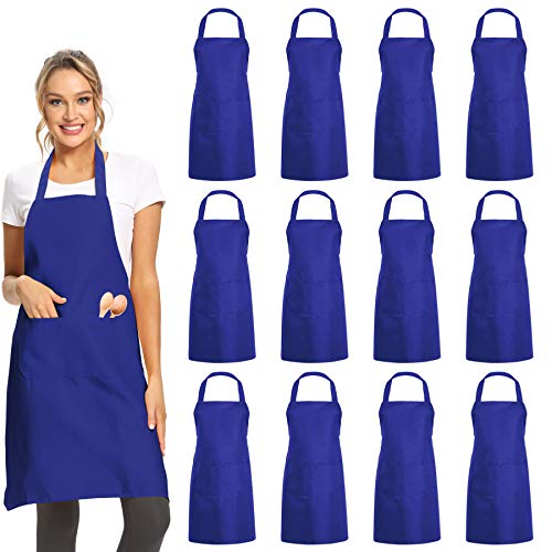 DUSKCOVE 12 Pack Plain Bib Aprons with 2 Pockets - Blue Unisex Commercial Apron Bulk for Kitchen Cooking Restaurant BBQ Painting Crafting