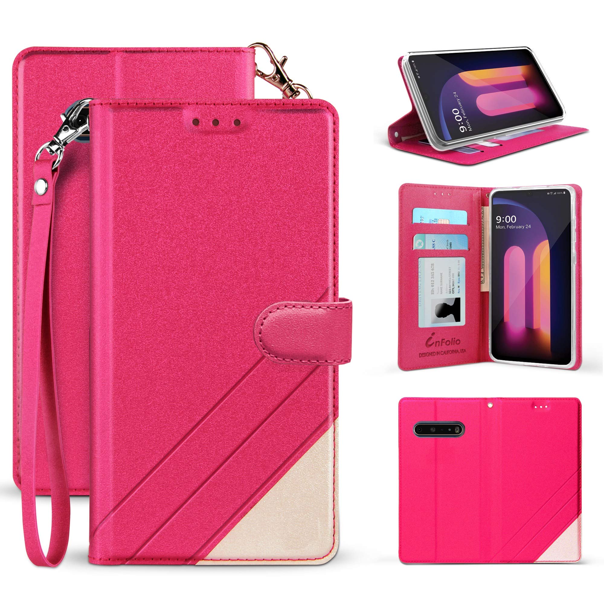 PimpCase Wallet Case Compatible with LG V60 ThinQ 5G(2020) Case, [Wrist Strap] Synthetic Leather, ID & Card Pockets - Hot Pink