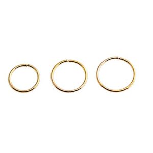 fashion art jewelry set of 3 mismatched small huggie hoop earrings gold filled 22 ga mini hoops for cartilage helix tragus nose ring hoop (7mm 8mm 9mm | 22 ga, 14k yellow gold filled)