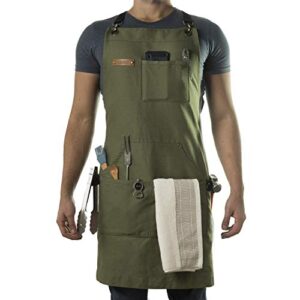 asaya chef, bbq and work apron with bottle opener and hand towel - durable 10oz cotton canvas, brass hardware and cross back straps - for men, women, grilling, and cooking (green)