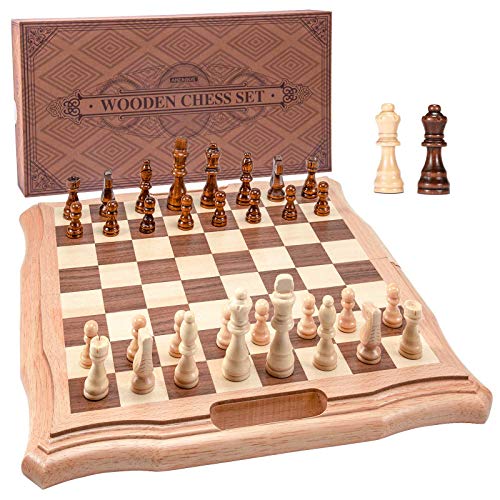 AMEROUS 15.6 inches Magnetic Wooden Chess Set, Handheld Style Chess Board Game Sets with Game Pieces Storage Slots - 2 Extra Queens - Gift Package, Chess for Beginner, Kids and Adults