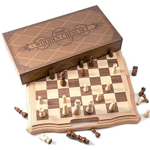 AMEROUS 15.6 inches Magnetic Wooden Chess Set, Handheld Style Chess Board Game Sets with Game Pieces Storage Slots - 2 Extra Queens - Gift Package, Chess for Beginner, Kids and Adults