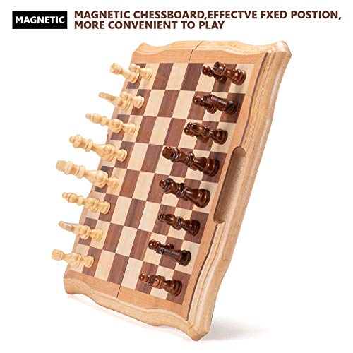 AMEROUS 15.6 inches Magnetic Wooden Chess Set, Handheld Style Chess Board Game Sets with Game Pieces Storage Slots - 2 Extra Queens - Gift Package, Chess for Beginner, Kids and Adults