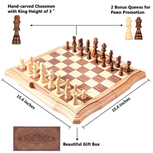 AMEROUS 15.6 inches Magnetic Wooden Chess Set, Handheld Style Chess Board Game Sets with Game Pieces Storage Slots - 2 Extra Queens - Gift Package, Chess for Beginner, Kids and Adults