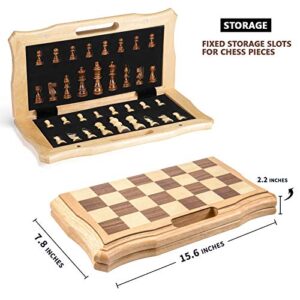 AMEROUS 15.6 inches Magnetic Wooden Chess Set, Handheld Style Chess Board Game Sets with Game Pieces Storage Slots - 2 Extra Queens - Gift Package, Chess for Beginner, Kids and Adults