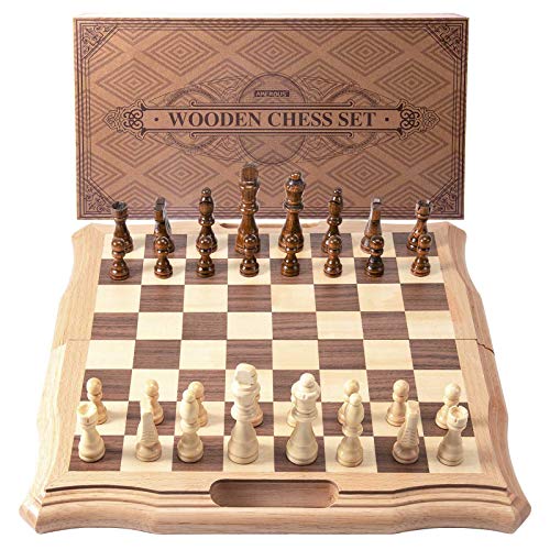 AMEROUS 15.6 inches Magnetic Wooden Chess Set, Handheld Style Chess Board Game Sets with Game Pieces Storage Slots - 2 Extra Queens - Gift Package, Chess for Beginner, Kids and Adults