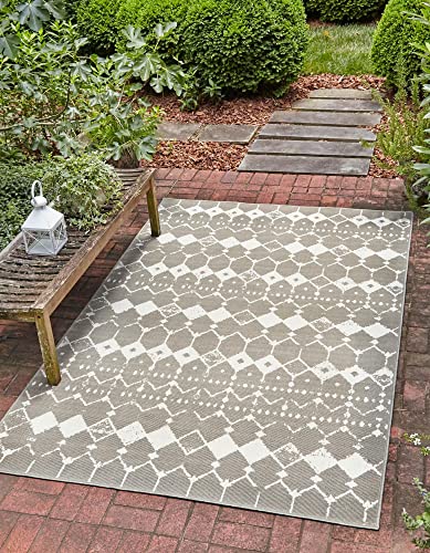 Unique Loom Outdoor Trellis Collection Area Rug - Cardak (7' 10" x 10' Rectangle, Gray/ Ivory)