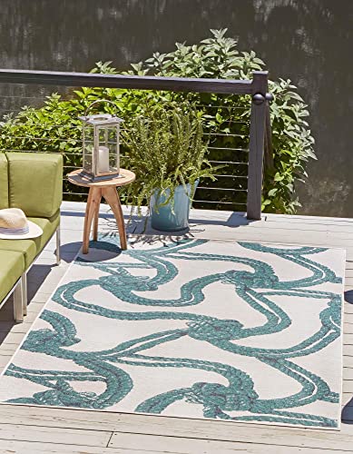 Unique Loom Outdoor Coastal Collection Area Rug - Tethered (7' 10" x 10' Rectangle, Ivory/ Navy Blue)