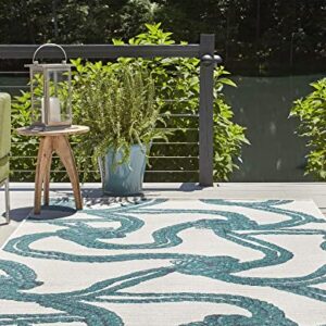 Unique Loom Outdoor Coastal Collection Area Rug - Tethered (7' 10" x 10' Rectangle, Ivory/ Navy Blue)